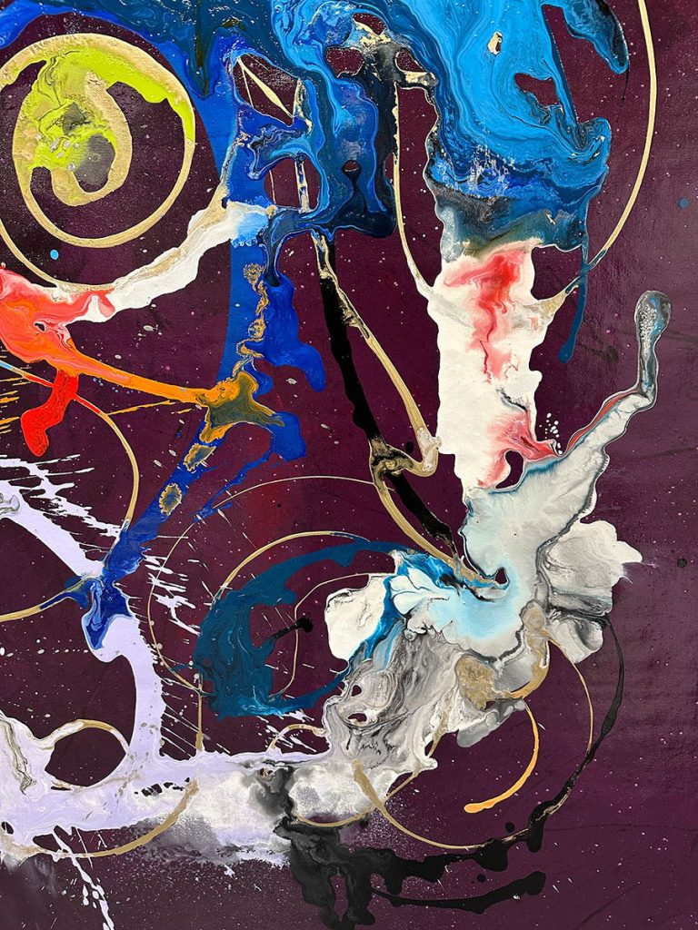 Large purple and blue abstract painting created with loops of paint