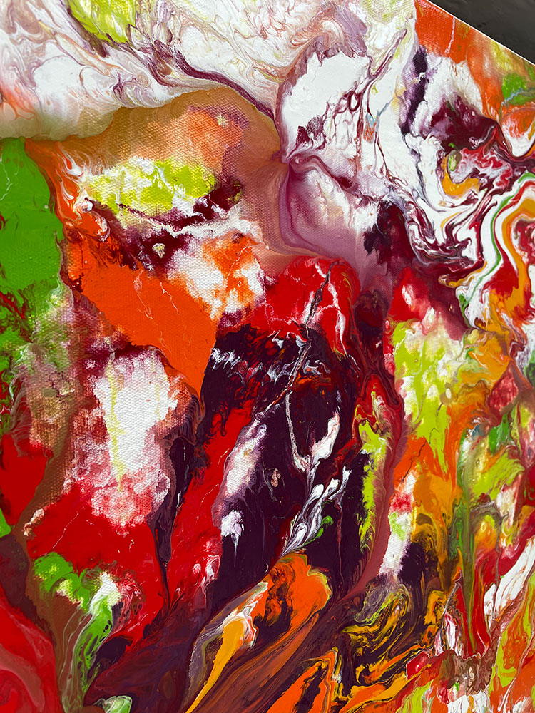 Large, rectangular orange and red fluid modern art painting