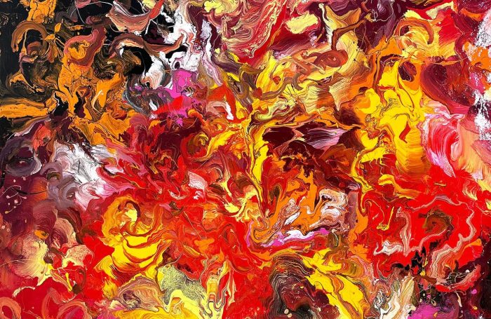 Large red and orange abstract painting called Firestarter by Swarez