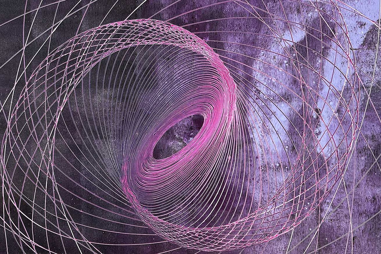 Purple and pink pendulum swing painting; ‘Universal Constants’